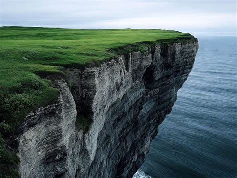 A Cliff With A Grassy Hillside On Top Of It Next To The Ocean Stock