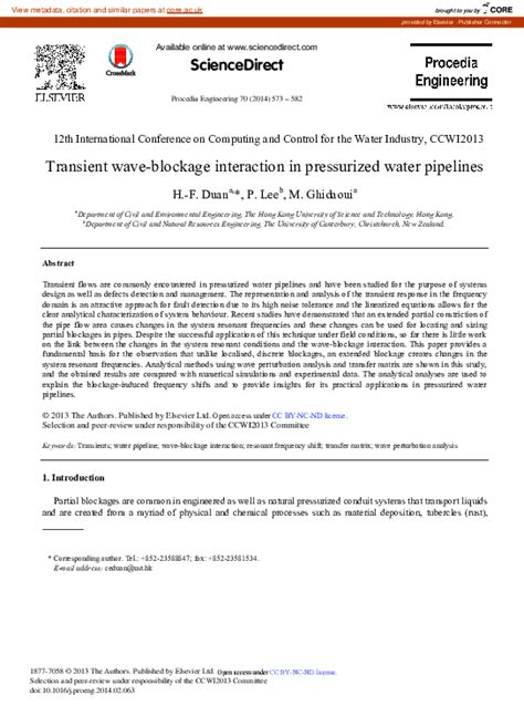Pdf Transient Wave Blockage Interaction In Pressurized Water Pipelines