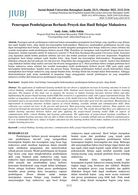 Pdf Penerapan Pembelajaran Berbasis Proyek Dan Hasil Belajar Mahasiswa