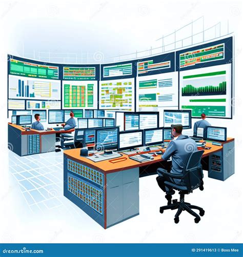 Security Room With Computers And Monitors On The Wall 3d Rendering Generative Ai Stock