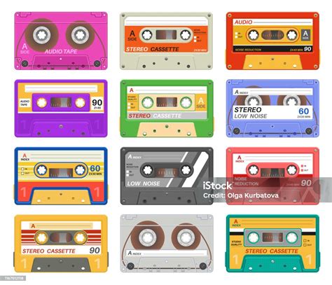 카세트 다른 색상 음악 테이프 복고풍 오디오 카세트 올드 스쿨 90 년대 기록 기술 빈티지 미디어 장치 벡터 세트 오디오 카세트에 대한 스톡 벡터 아트 및 기타 이미지