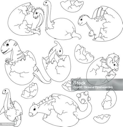 달걀에 귀여운 세트 공룡 작은 공룡의 생일 흑백 드로잉 색칠 공부책 흰색 배경에 격리된 벡터 그림 개체 그룹에 대한 스톡 벡터 아트 및 기타 이미지 Istock