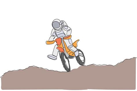 One Single Line Drawing Spaceman Astronaut Practicing Motocross In