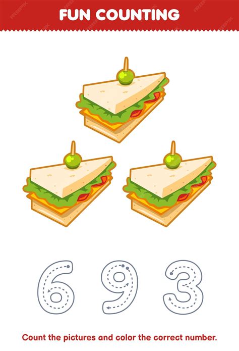 어린이를 위한 교육 게임은 그림을 세고 귀여운 만화 샌드위치 인쇄 가능한 음식 워크시트에서 정확한 숫자를 색칠합니다 프리미엄 벡터