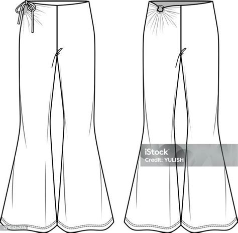 숙녀 패션 Cad 스케치 템플릿 여성 바지 기술 도면 트렌디 한 레깅스 플랫 모의 벡터 플레어 팬츠 저지 또는 직물 바지 에서와