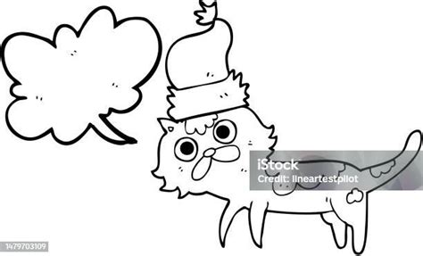 크리스마스 모자를 쓰고 자유형 그린 연설 거품 만화 고양이 귀여운에 대한 스톡 벡터 아트 및 기타 이미지 귀여운 기이함