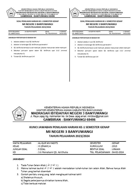 Qh Ad Dhuha 6a Soal Kunci Kisi Kisi Rubrik Kartu Soal Uh 1 01 03 2024 Zaenal Abidin Pdf