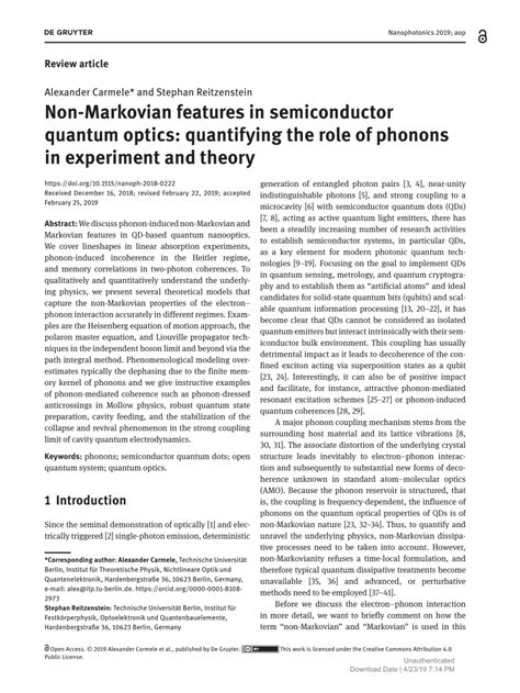 Pdf Non Markovian Features In Semiconductor Quantum Optics Quantifying The Role Of Phonons In