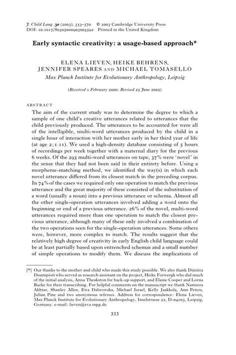 Pdf Early Syntactic Creativity A Usage Based Approach