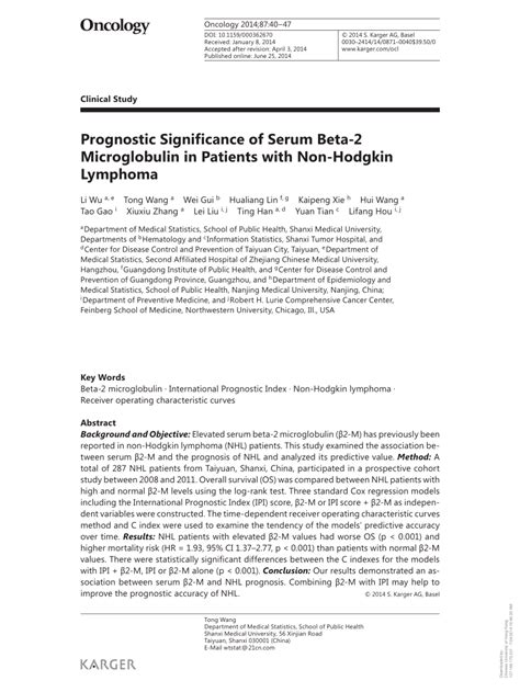 Pdf Prognostic Significance Of Serum Beta 2 Microglobulin In Patients With Non Hodgkin Lymphoma