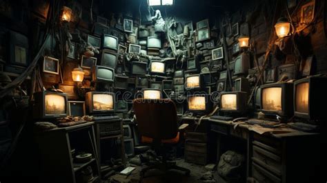 Room Filled With Lots Of Monitors And Desk Generative Ai Stock Illustration Illustration Of