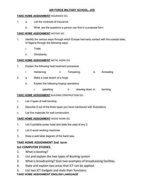 Ss1 Take Home Assignments Air Force Military School Jos