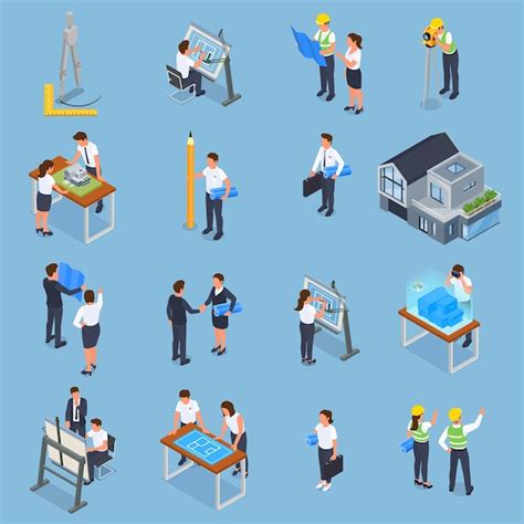 Premium Vector Architect Construction Engineer Isometric Set Of Isolated Compositions With