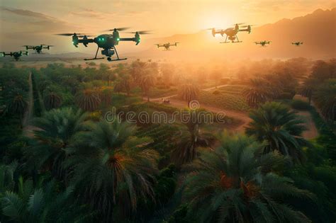 Fleet Of Agricultural Drones Flying Over Lush Palm Groves At Sunrise