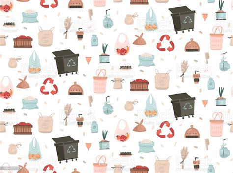 손으로 그린된 벡터 추상 만화 현대 그래픽 일러스트 아트 원활한 패턴 제로 폐기물 Ans 저장 행성 삽화 개념 흰색 배경에 고립 쇼핑에 대한 스톡 벡터 아트 및 기타 이미지