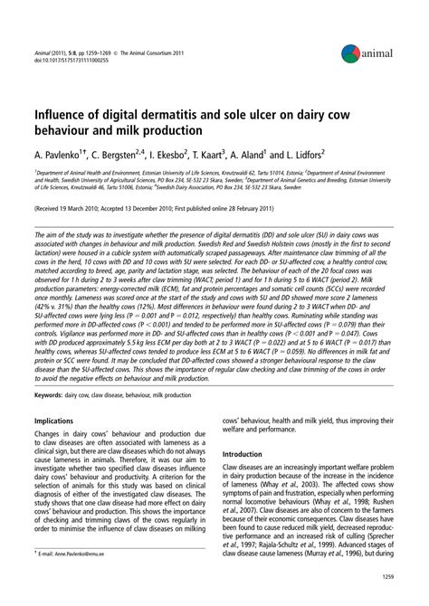 Pdf Influence Of Digital Dermatitis And Sole Ulcer On Dairy Cow Behaviour And Milk Production