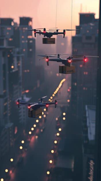 Autonomous Delivery Drones Zip Through The Air Dropping Off Packages To