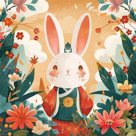 8h A Cute White Rabbit In Hanfu Stands In A Garden Surrounded By