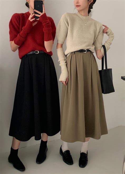 S 브라운카키l 카키 당일출고 밴딩 벨트 플리츠 플레어 롱 스커트 4col