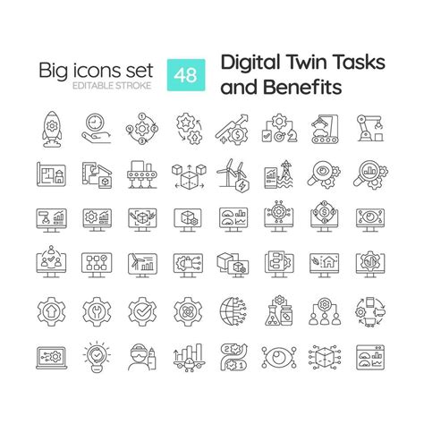 Digital Twin Tasks And Benefits Linear Icons Set Smart Manufacturing Industry 4 Machine