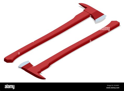 Isometric Red Wooden Axe That Is Used In Fires Dangerous Work Of Firefighter Firefighting Axe