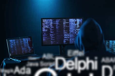Internet Crime Concept Hacker Working Code Dark Digital Background