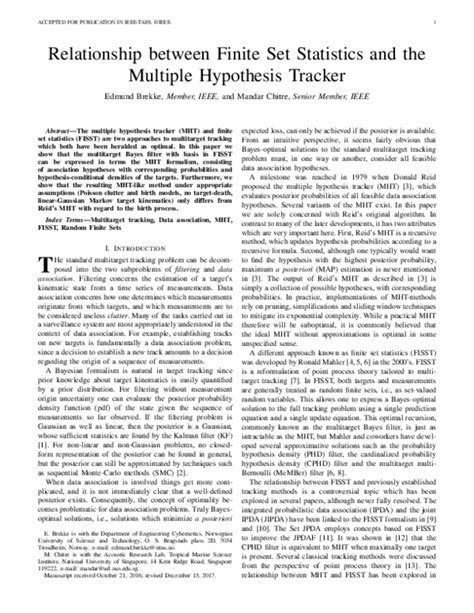 Pdf Relationship Between Finite Set Statistics And The Multiple Hypothesis Tracker