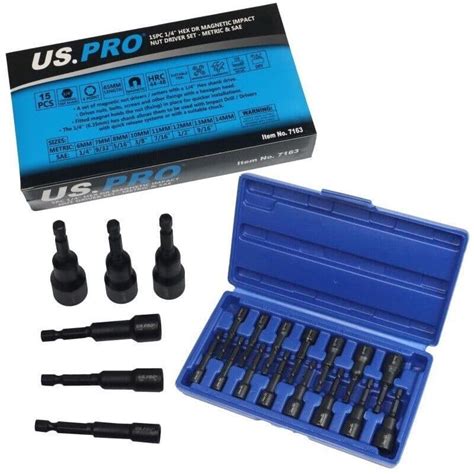 15pc Magnetic Impact Nut Driver Set Metric And Sae Sizes 14 Hex Drive