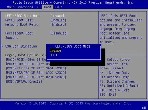 uefi 또는 legacy 부트 모드 선택 bios oracle® x5 시리즈 서버 관리 설명서