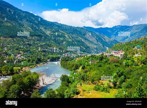 Beas River Near Kullu Town Aerial Panoramic Landscape Kullu Valley In