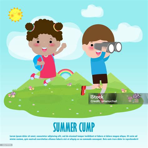 어린이 여름 캠프 교육 광고 브로셔 캠핑 포스터 전단지 템플릿 텍스트 벡터 일러스트레이션에서 활동을하는 어린이용 템플릿 개념에 대한 스톡 벡터 아트 및 기타 이미지 Istock