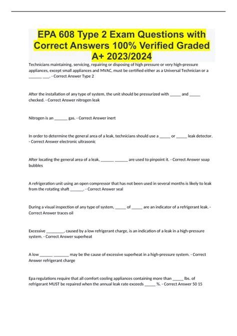 Epa 608 Type 2 Exam Questions With Correct Answers 100 Verified Graded A 2023 2024 Epa 608