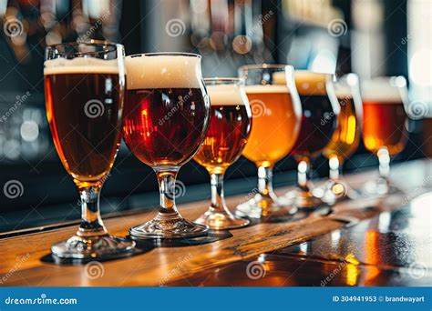 Assorted Beer Glasses On Bar Stock Image Image Of Drip Foam 304941953