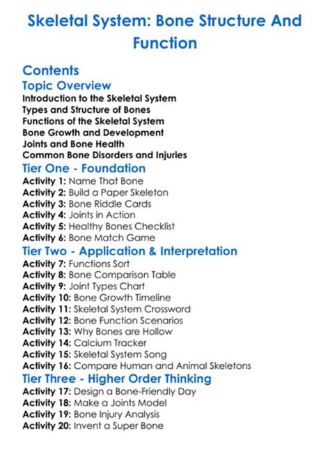 Skeletal System Bone Structure And Function 20 Differentiated Activities