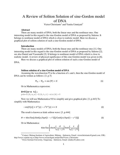 Pdf A Review Of Soliton Solution Of Sine Gordon Model Of Dna