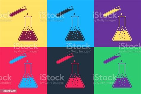 팝 아트 테스트 튜브 및 플라스크 컬러 배경에 고립 된 화학 실험실 테스트 아이콘 실험실 유리 제품 기호 벡터 0명에 대한 스톡 벡터 아트 및 기타 이미지 Istock