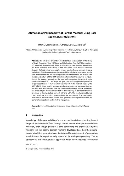 Pdf Estimation Of Permeability Of Porous Material Using Pore Scale Lbm Simulations
