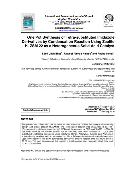 Pdf One Pot Synthesis Of Tetra Substituted Imidazole Derivatives By Condensation Reaction