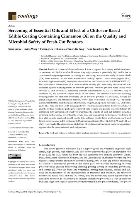 Pdf Screening Of Essential Oils And Effect Of A Chitosan Based Edible