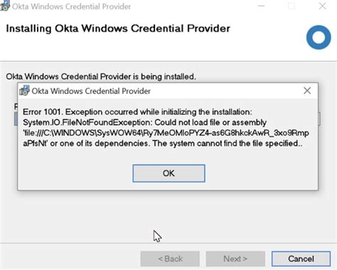 okta windows credential provider rdp installation error 1001