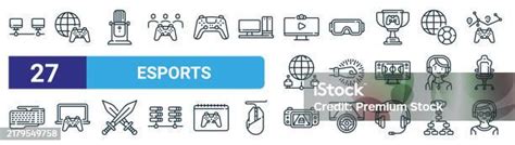 네트워크 게임 마이크 Vr 안경 히트 노트북 소형 웹 디자인 모바일 앱을위한 게이머 벡터 얇은 선 아이콘과 같은 27 개의 개요