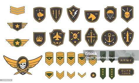 군사 상징 세트입니다 별 두개골 및 군사 장비가 있는 패치 줄무늬 및 로고 다양한 계급의 군인을 위한 휘장 플랫 벡터 일러스트