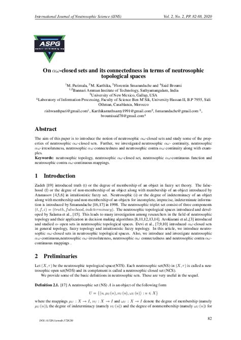 Pdf On αω Closed Sets And Its Connectedness In Terms Of Neutrosophic Topological Spaces