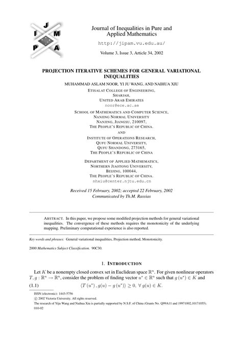 Pdf Projection Iterative Schemes For General Variational Inequalities