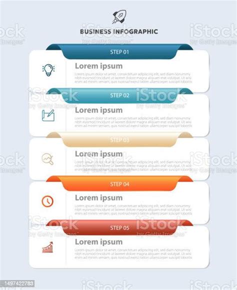 아이콘 숫자 및 5개의 옵션 또는 단계가 있는 직사각형 템플릿 디자인이 있는 타임라인 비즈니스 인포그래픽 벡터 그림 인포그래픽에 대한 스톡 벡터 아트 및 기타 이미지