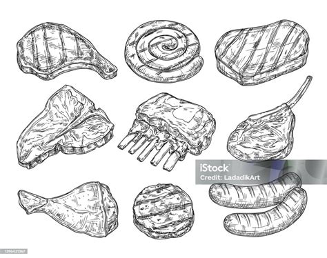 고기를 스케치하십시오 쇠고기 돼지 고기 및 소시지 신선한 바베큐 파티 재료 고기 필레와 갈비 손으로 그린 바베큐 쇠고기 스테이크