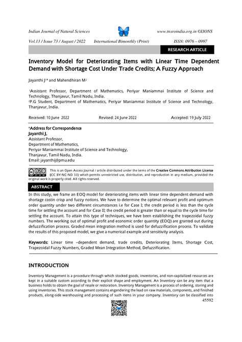 Pdf Inventory Model For Deteriorating Items With Linear Time Dependent Demand With Shortage