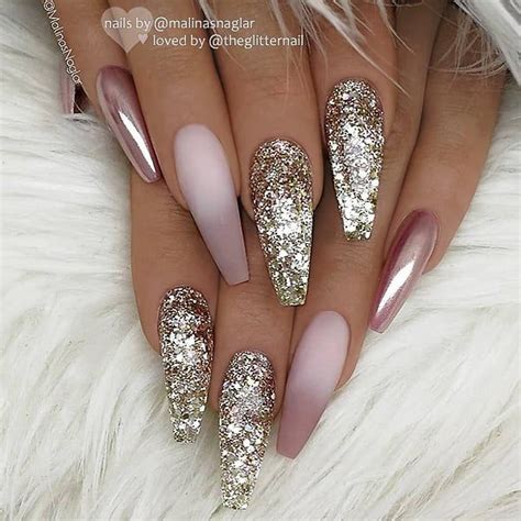 Matte Mauve Ombre Chrome Effect And Glitter On Long Coffin Nails • 💅