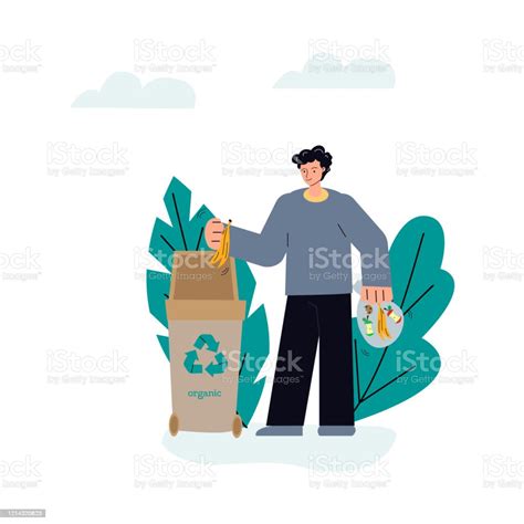 쓰레기 캔에 음식물 쓰레기를 재활용 하는 남자 재활용 기호 퇴비에 대한 스톡 벡터 아트 및 기타 이미지 퇴비 퇴비 용기
