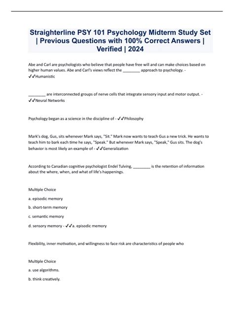 Straighterline PSY Psychology Midterm Study Set Previous Questions With Correct